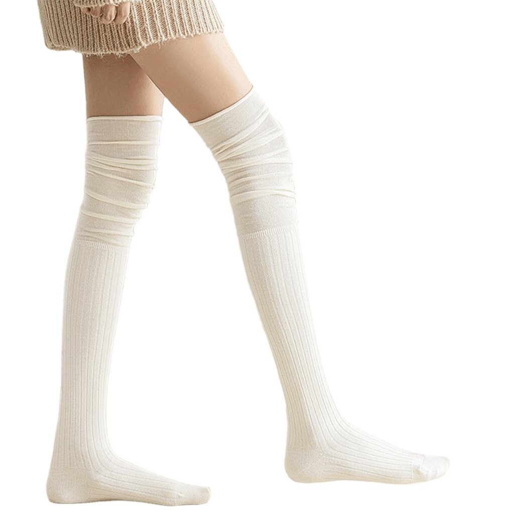 Женские чулки выше колена, студенческие вязаные длинные носки до бедра в рубчик