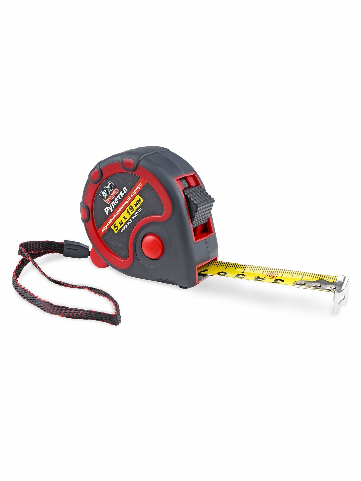 Рулетка 5м х 19мм, двухкомпонентный корпус, 3 фиксатора, AVS (A40464S)