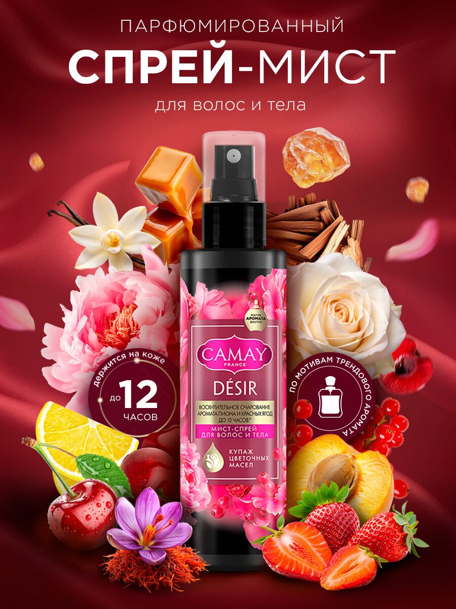 Парфюмированный спрей для тела и волос Camay Desir, стойкий аромат пион и ягоды 190 мл