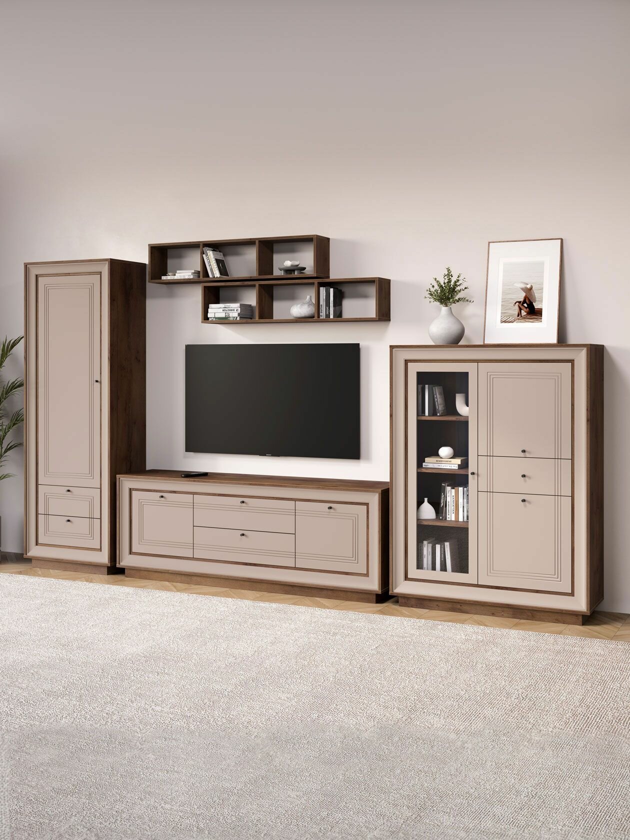 Гостиная комплект Прато Макси, ТВ-тумба, шкаф, шкаф-витрина, настенные полки, 360.2х42.6х202 см, Таксония шоколадная / Кофе с молоком