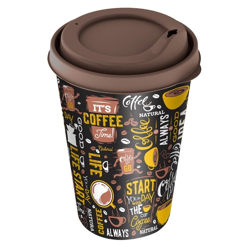 Стакан бумажный с крышкой 420 мл, дизайн кофейной тематики, темно-коричневый