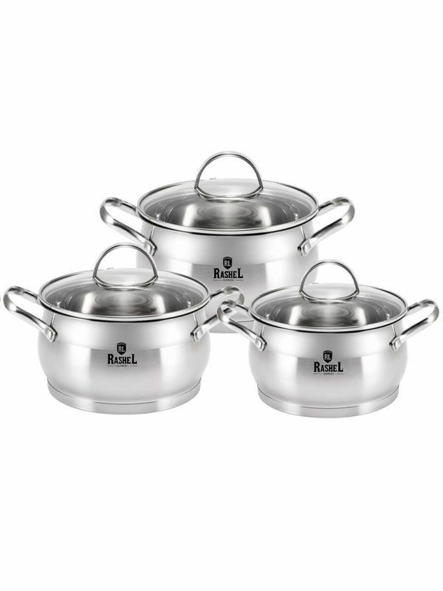 Набор кастрюль 6 пр. из нержавеющей стали со стеклянной крышкой (2,8л, 3,8л, 5л) Rashel