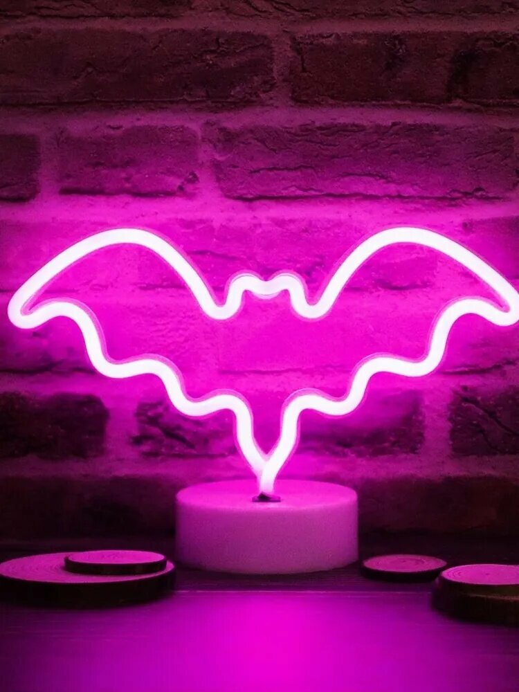 Неоновая LED лампа летучая мышь с розовой подставкой для Хэллоуина с питанием от батареек ночник для спальни бара и стены