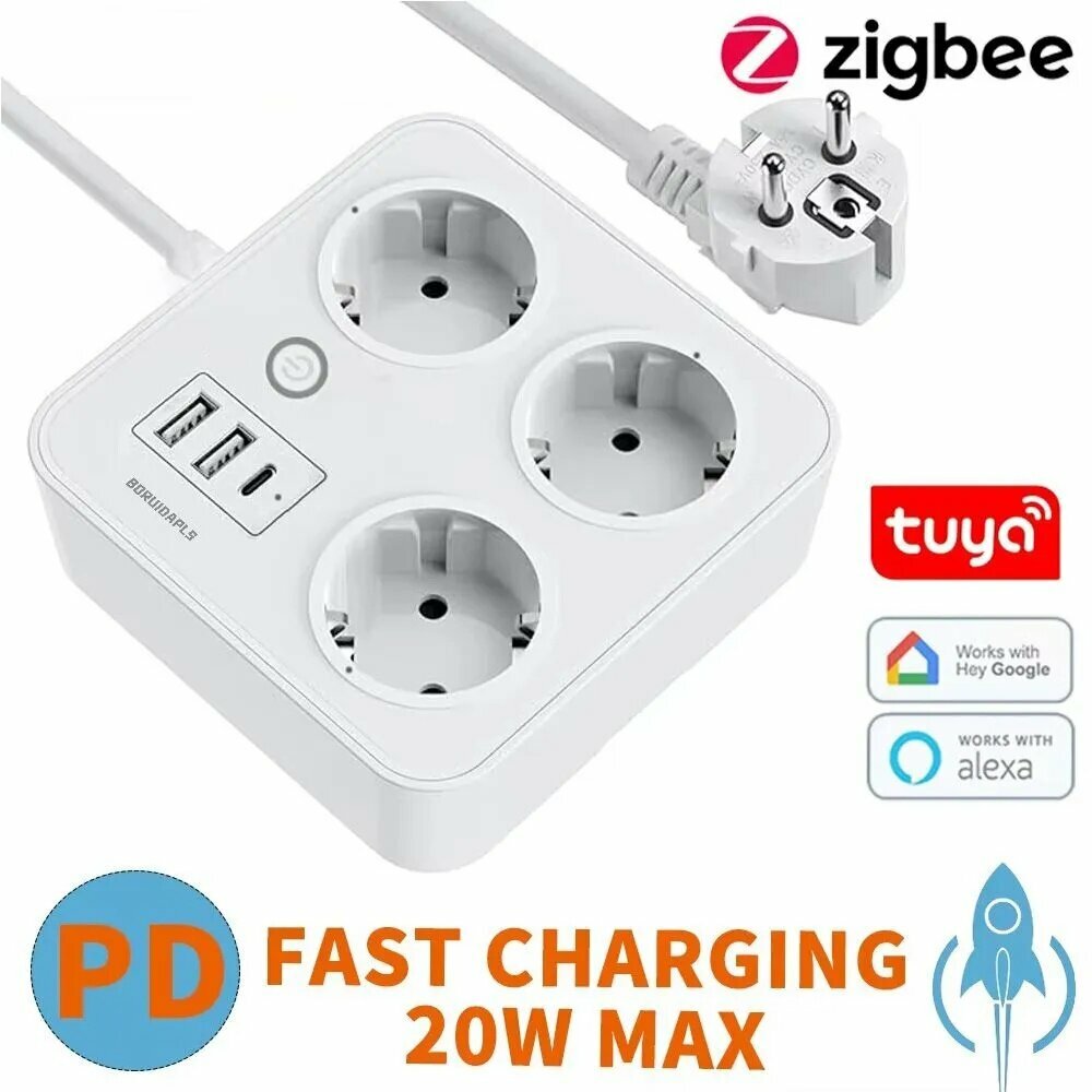 Умная розетка ZigBee с энергосбережением измерением потребления энергии PD20W Type-C Tuya, Alexa Google дистанционное управление