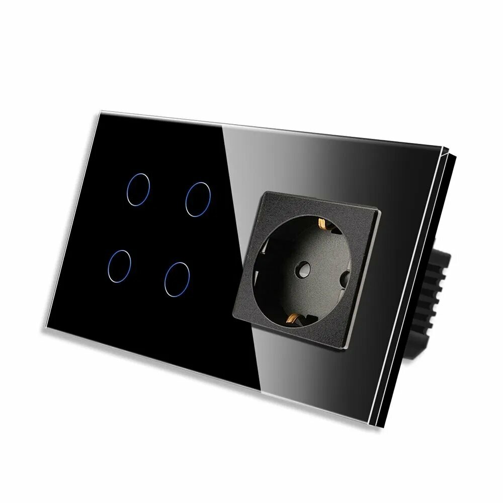 Сенсорный выключатель с розеткой 4 клавиша 1 розетка, 2 поста (4+1) панель стекло черный