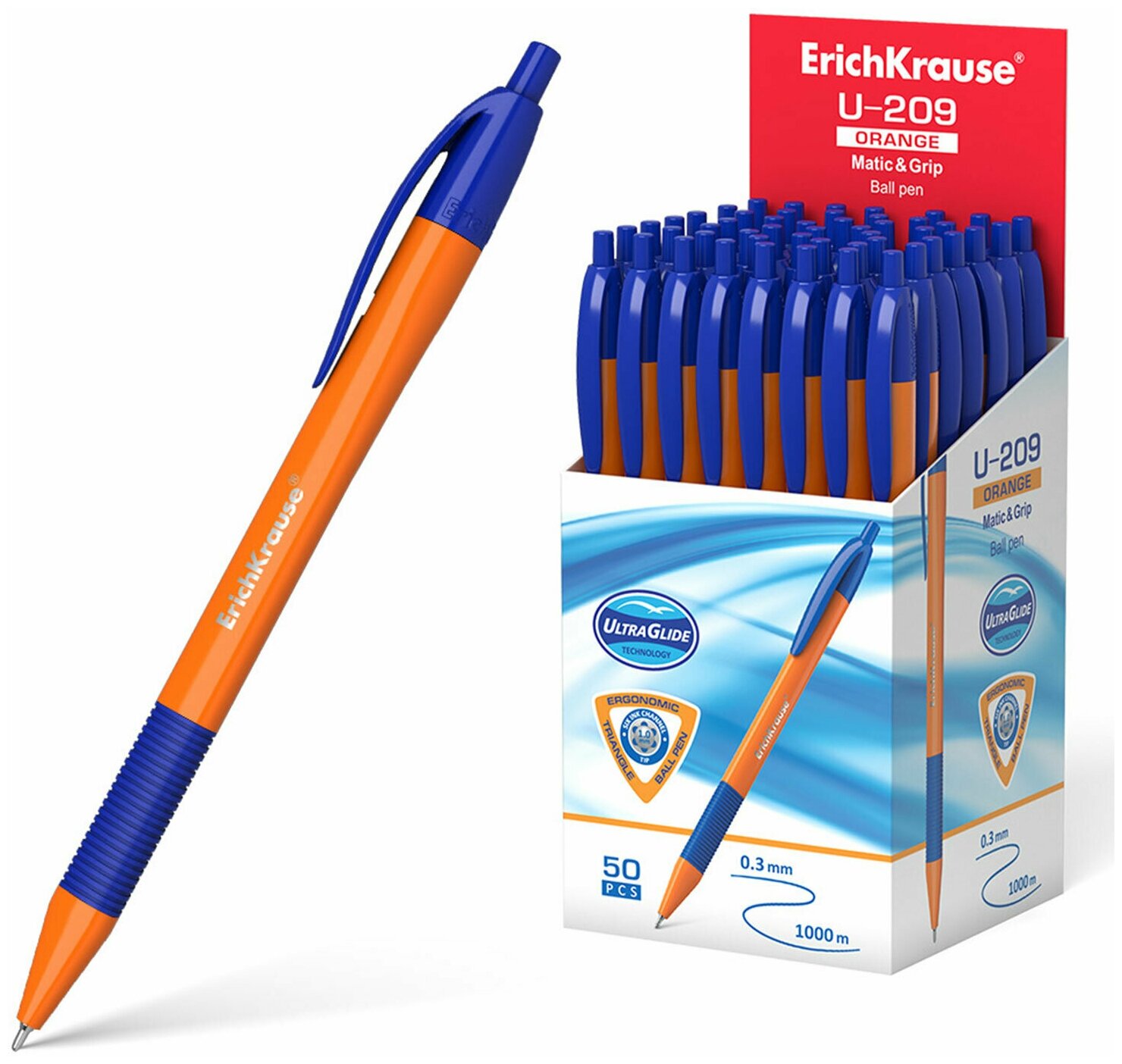 Ручка шариковая масляная автоматическая с грипом ERICH KRAUSE "U-209 Orange", синяя, узел 1,0 мм, линия письма 0,3 мм, 47593 (цена только за 1 шт.)
