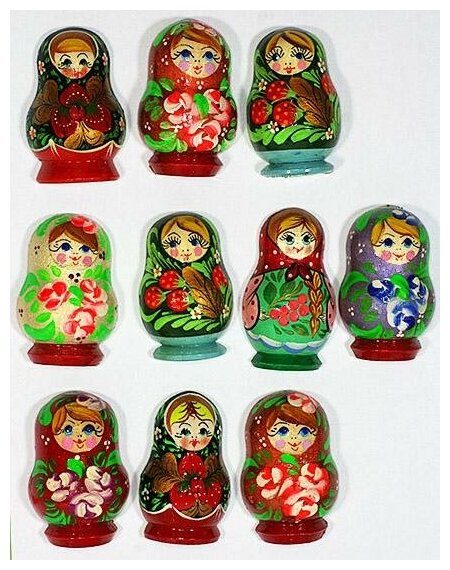 Деревянный магнит расписная сувенирная матрешка 10 штук 4 см