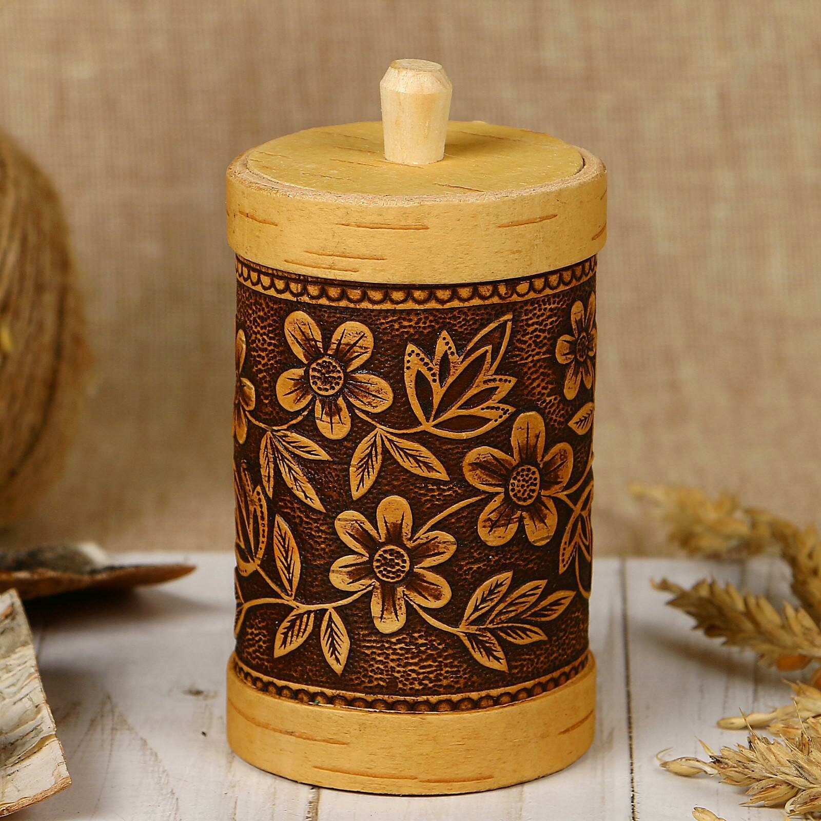 Туес «Цветы», 6×6×12 см, береста