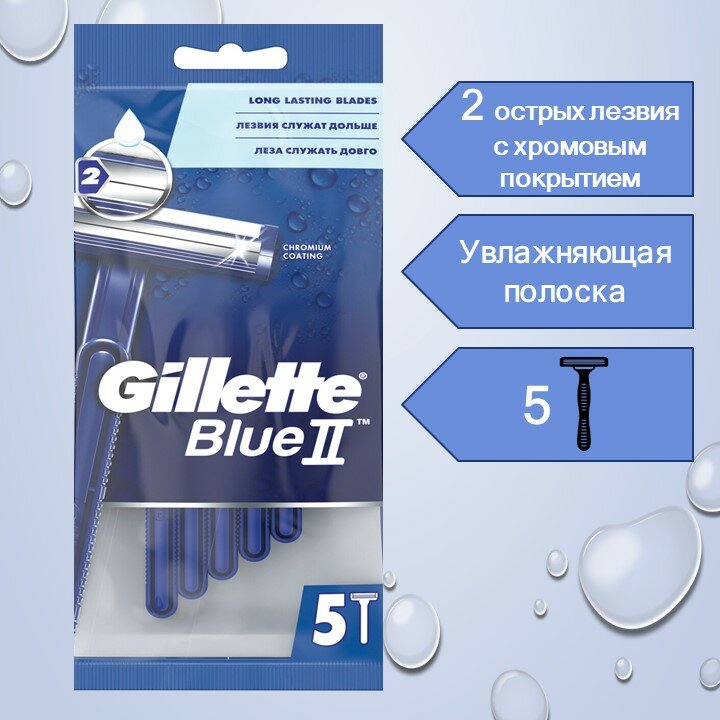 Бритва мужская одноразовая 2 лезвия, смазывающая полоска Gillette Blue II, 5 шт