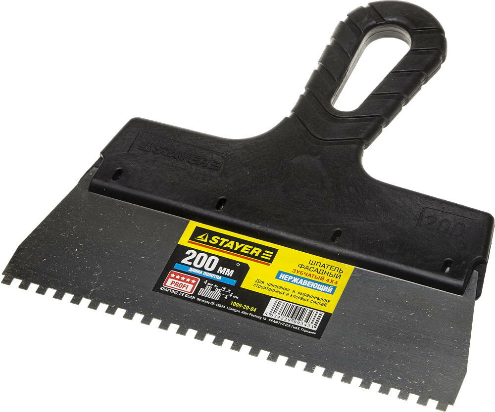 Нержавеющий фасадный шпатель STAYER PROFlat 200мм, зуб 4x4мм 1009-20-04