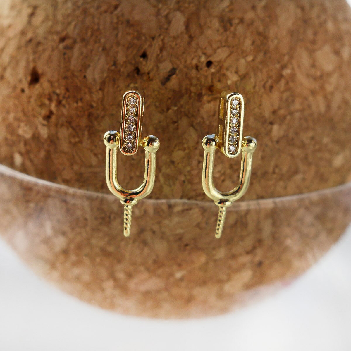 Пуссеты 1 пара / основы для серег гвоздиков / пусеты, с цирконием, позолота Real Gold Plated, 19.5 мм