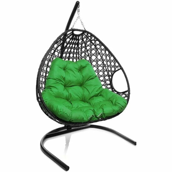 Подвесное кресло M-group для двоих люкс с ротангом чёрное, зелёная подушка
