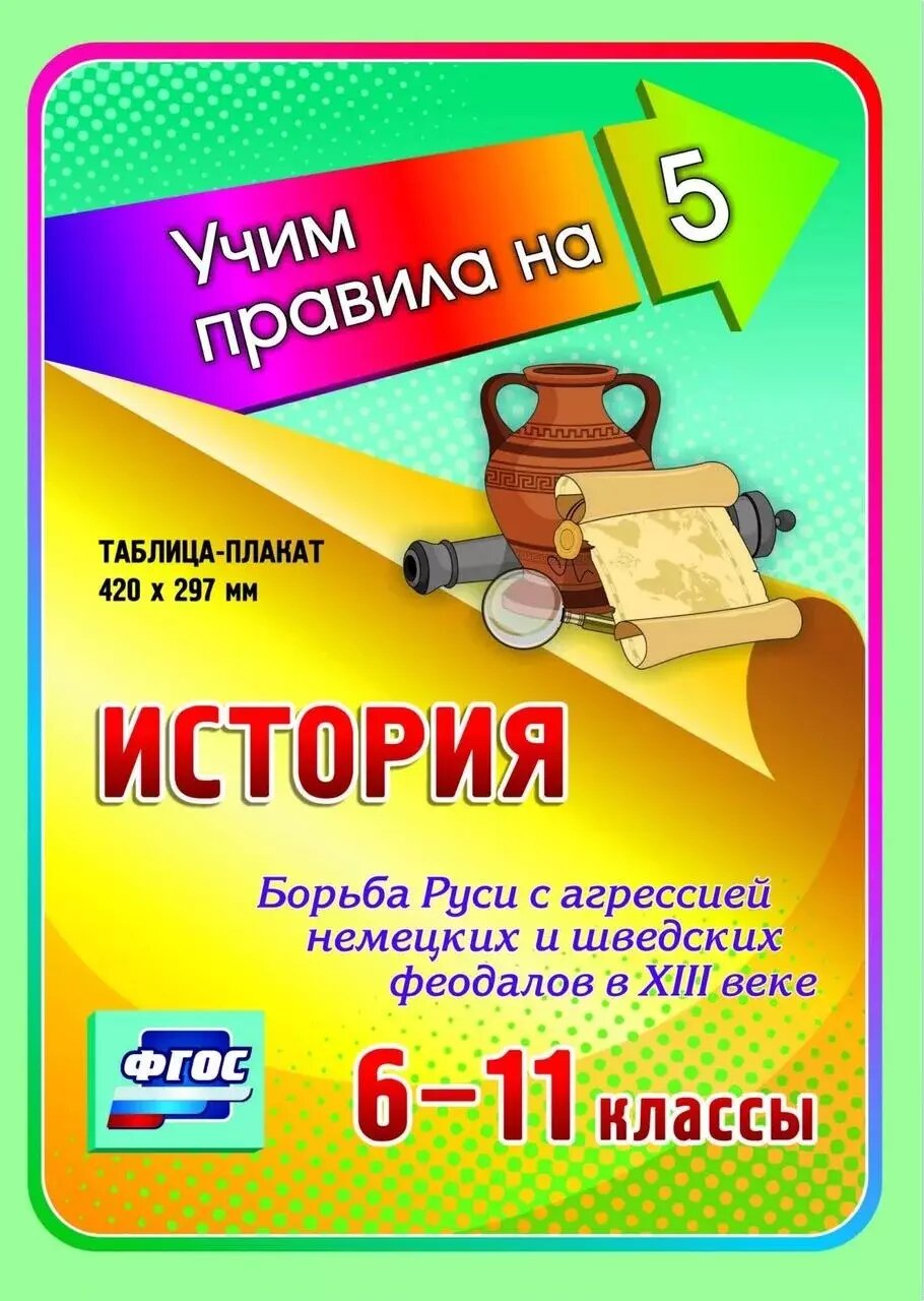 История. Борьба Руси с агрессией немецких и шведских феодалов в XIII веке. 6-11 классы. Таблица-плакат