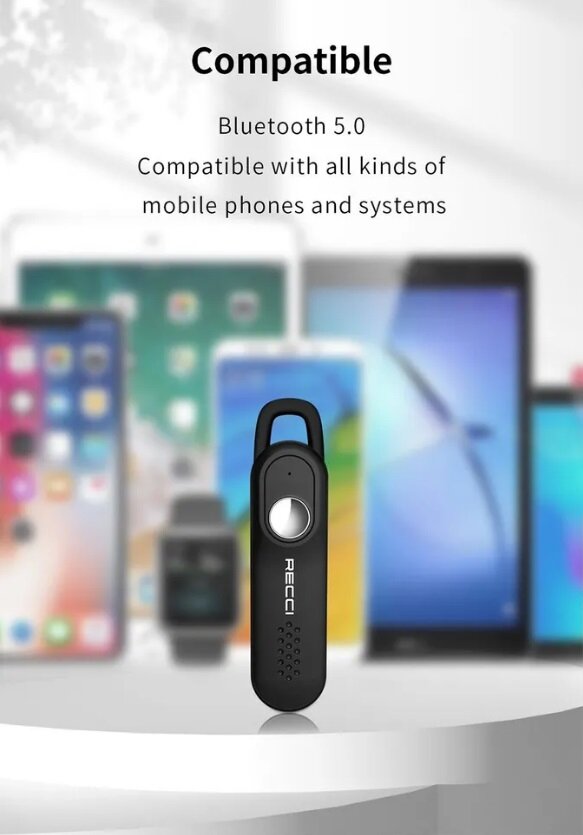 Гарнитура беспроводная Recci Single Bluetooth Earphone, BT5.0, 90 mAh, Черный, REP-W15