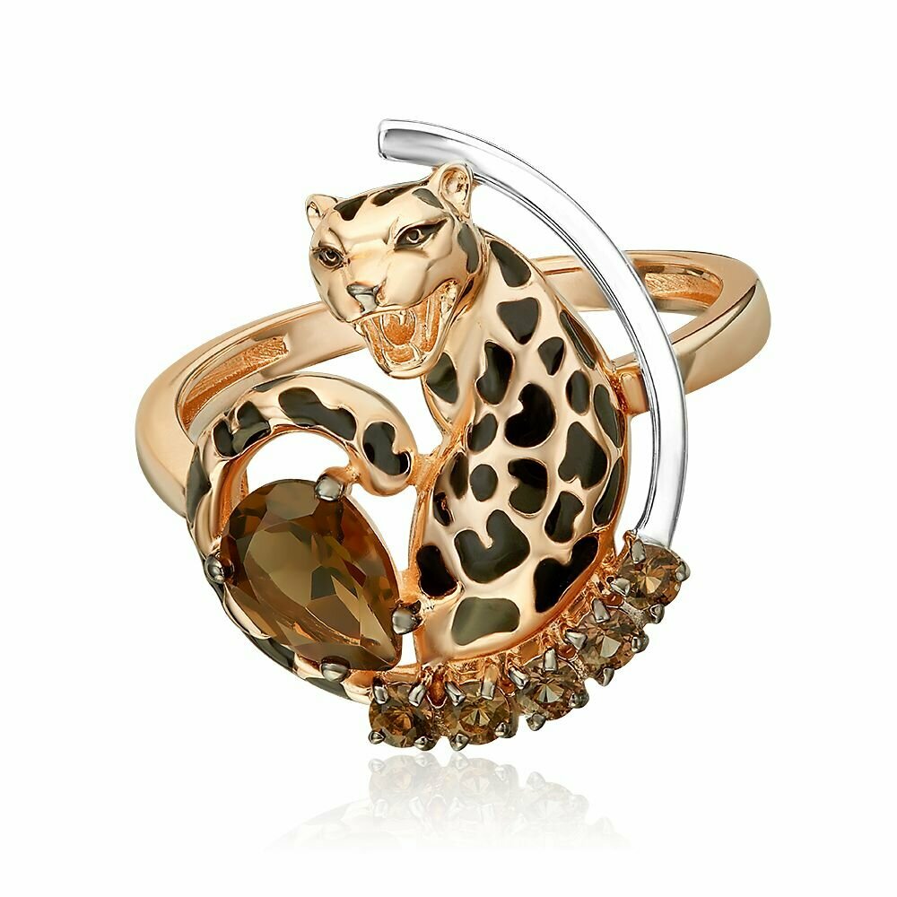 Кольцо, комбинированное золото, 585 проба, родирование, раухтопаз, эмаль