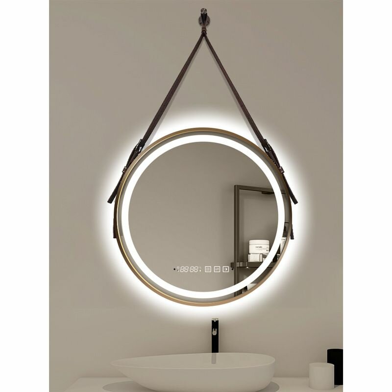 Зеркало с подсветкой в ванную комнату настенное сенсорное "Black Led" D 600 на ремне из натуральной кожи черного цвета.