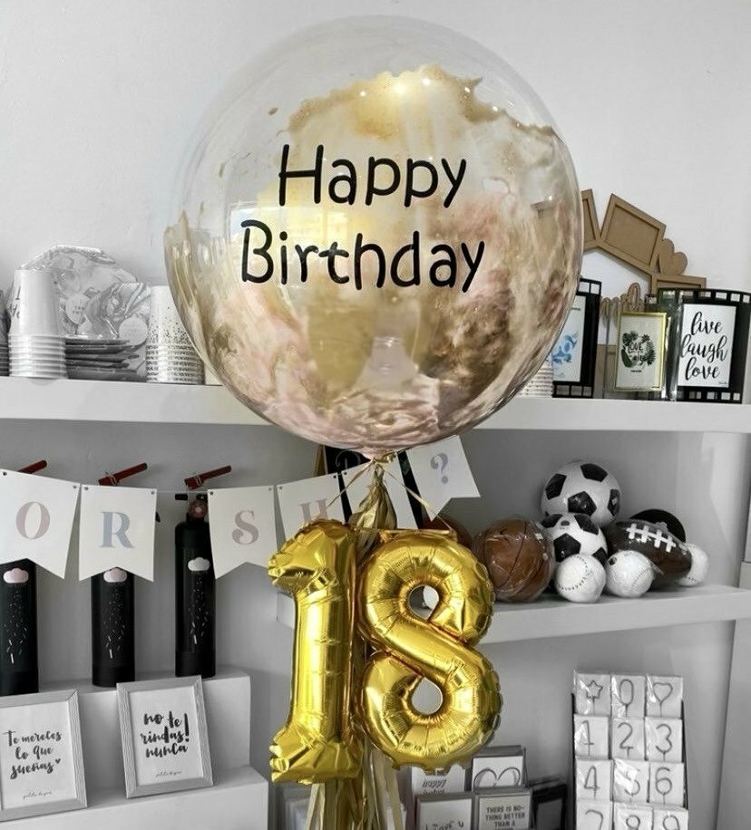 Баблс-шар с краской, гирляндой тассел, 2 мини-цифрами и Вашей надписью