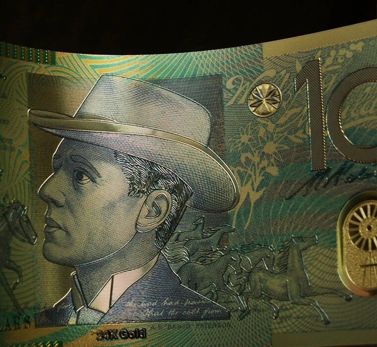 Золотая бона 10 австралийских долларов 1993 год цветная 24 карата GOLD сувенирная копия, банкноты и купюры редкие коллекционные