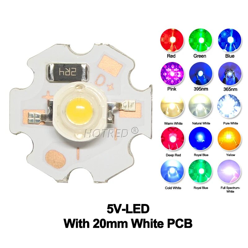 Светодиод HotRed 3W, Белый, 5V, 20mm PCB, 3000K