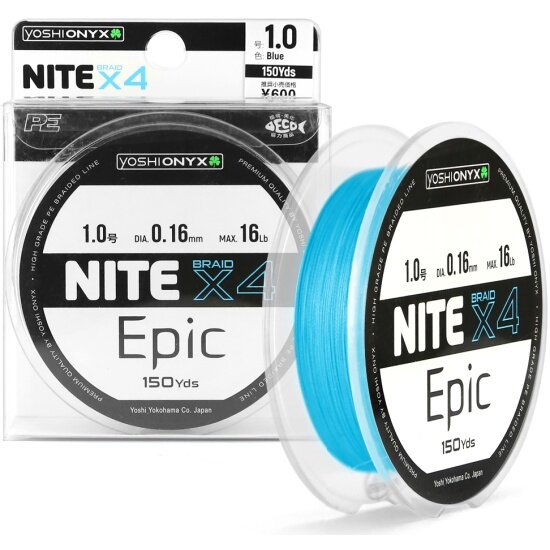 Леска плетеная Yoshi Onyx NITE Epic х4 Light Blue, 1.0#, 0.16мм, 135м