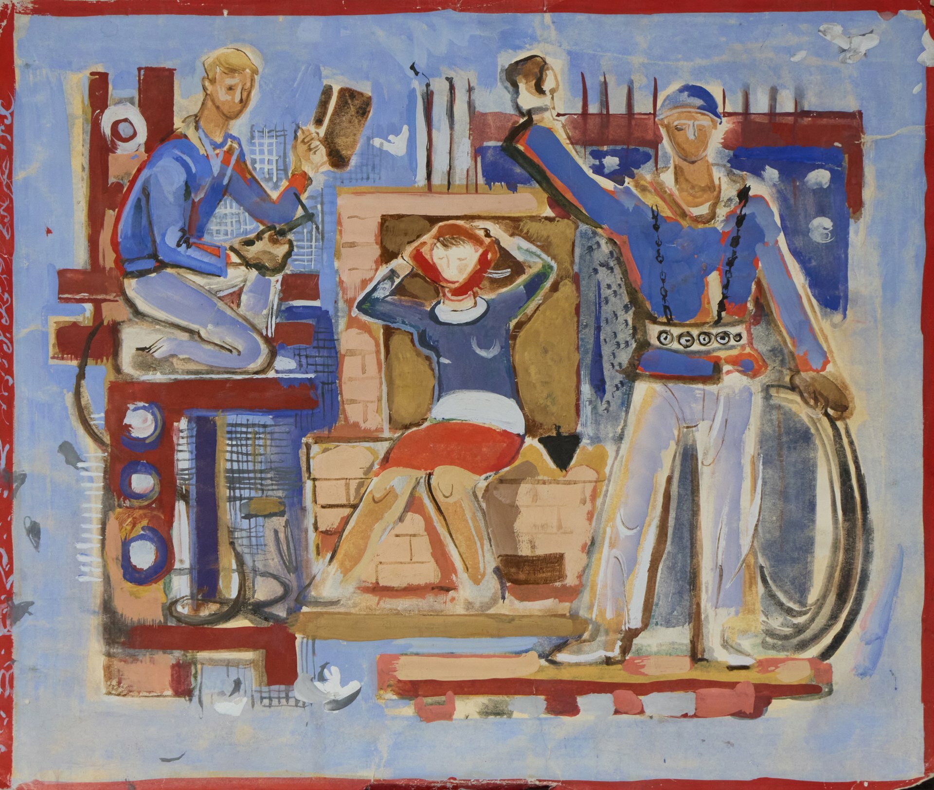 Строители, Валентина Петрова, Реализм, Бумага, Гуашь