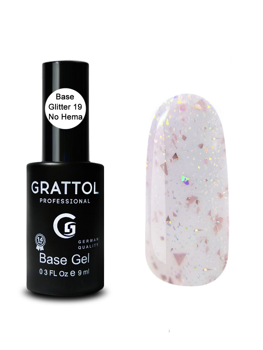 Камуфлирующая База для ногтей c глиттером - Grattol Rubber Base Glitter NO HEMA 19, 9 ml