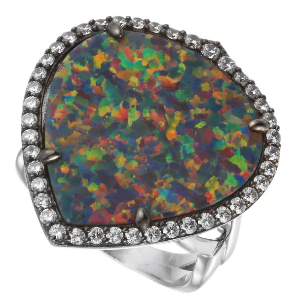 Кольцо, серебро, 925 проба, родирование, опал синтетический, циркон