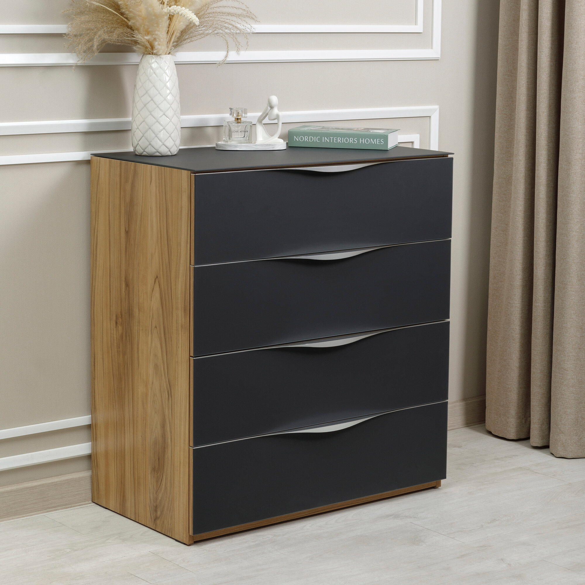 Комод ТриЯ Глосс, ЛДСП/стекло, 4 ящика, серый, 80см x 87,5см x 44,6см