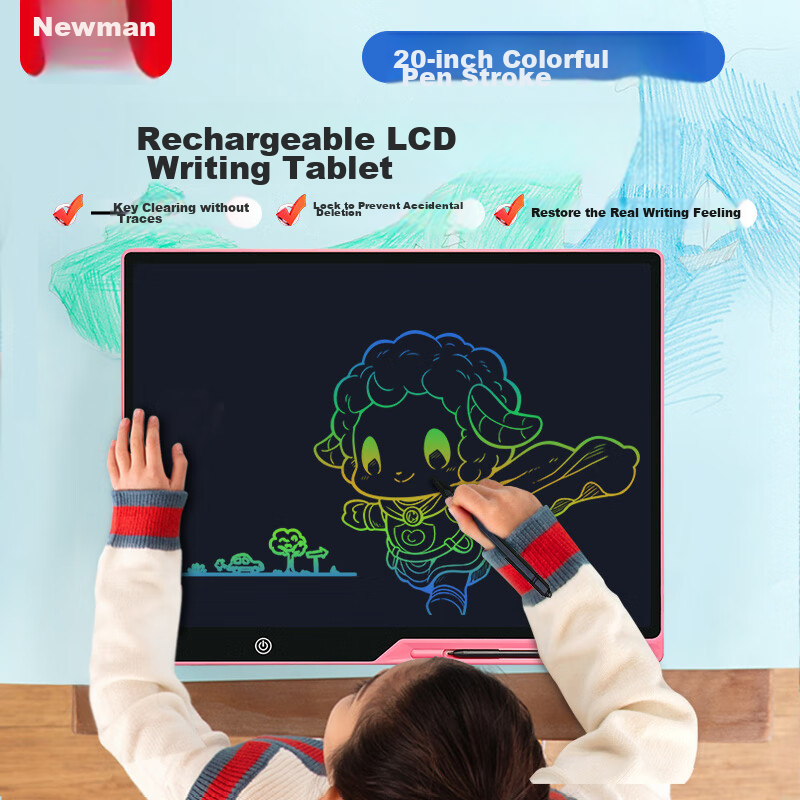 Newman 20-Inch Colorful Rechargeable Youth Edition LCD Large Screen Electronic Blackboard Writing Pad, Children's Drawing Board, Office Writing Pad, Baby Drawing Draft Paper Board, Message Board, Gift, Pink