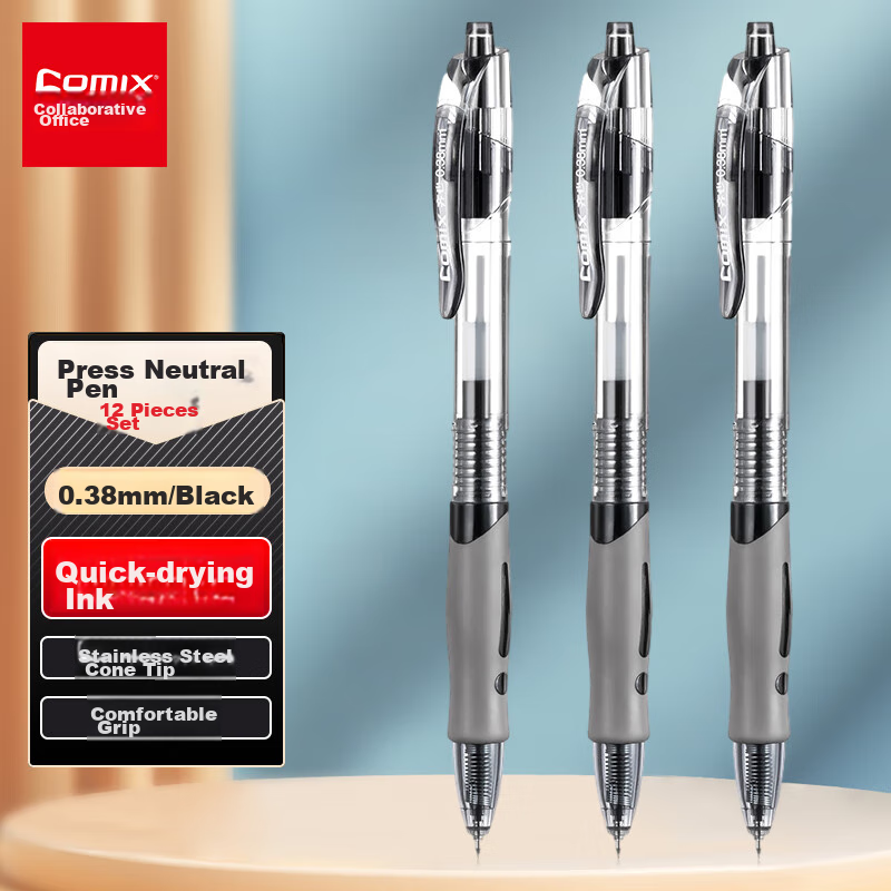 Comix Financial Quick-Drying Retractable Gel Pen 0.38mm ST Precision Steel Tip Conical Tip Signing Pen Ink Pen, Black, 12-Pack, GP138