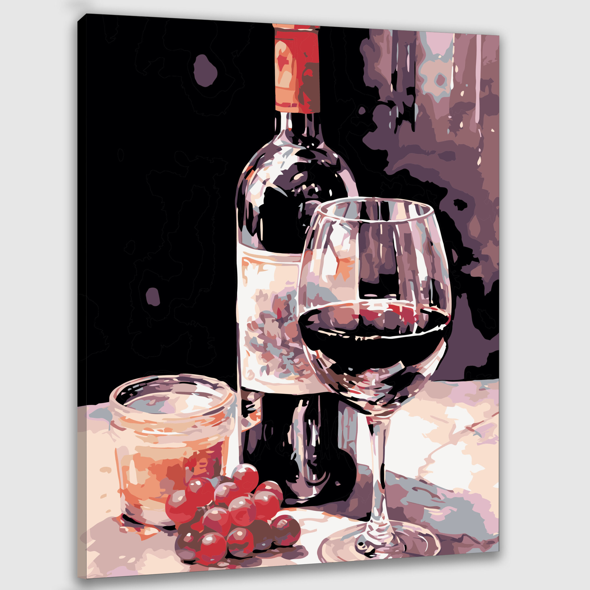 Картина по номерам 40x50 см, акварель, роспись, вино, бутылка, бокал, насыщенные оттенки, текстура, темно-красное вино