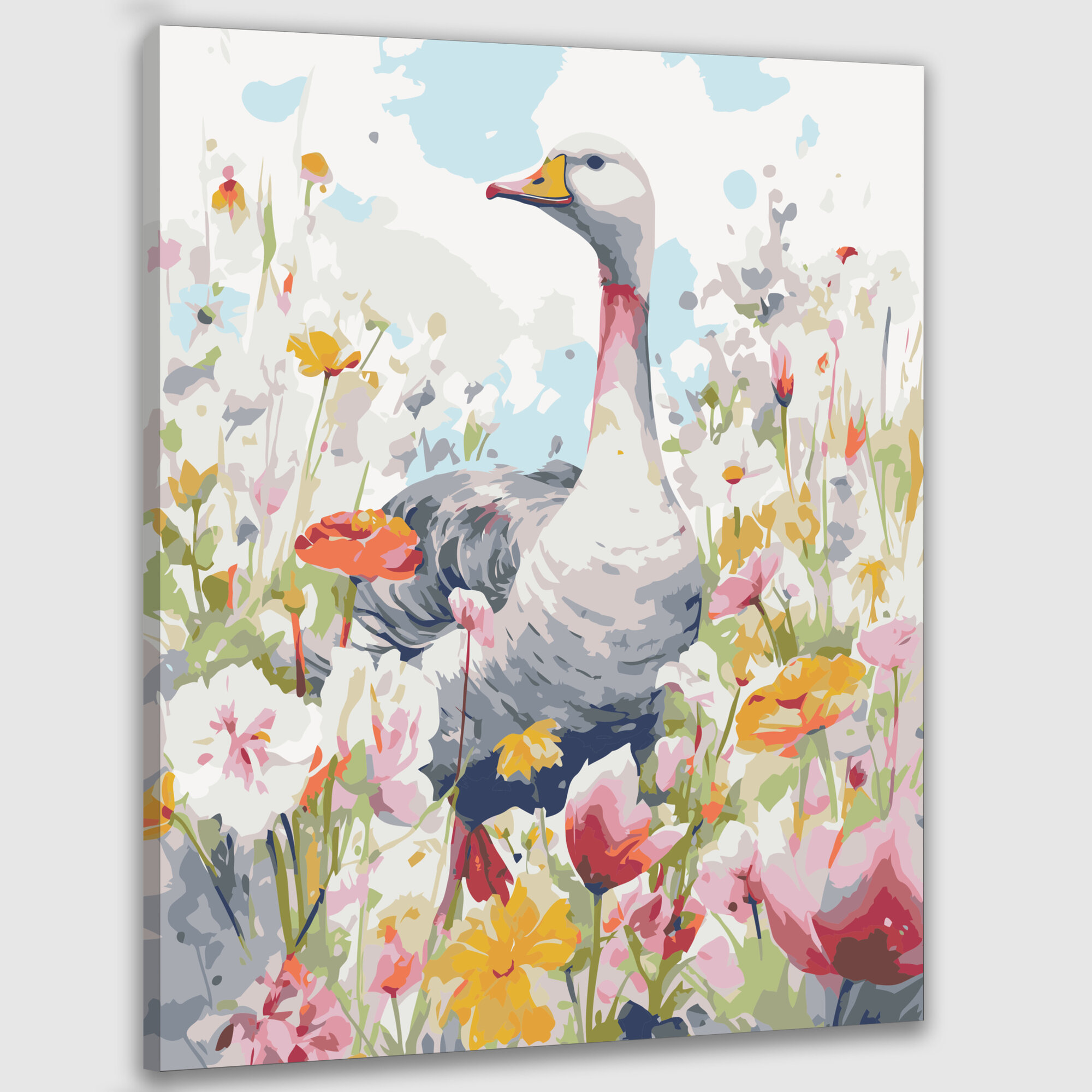 Картина по номерам 40x50 см, гусь, цветущий сад, яркие цветы, жизнерадостные цветы, птицы, акварельная иллюстрация