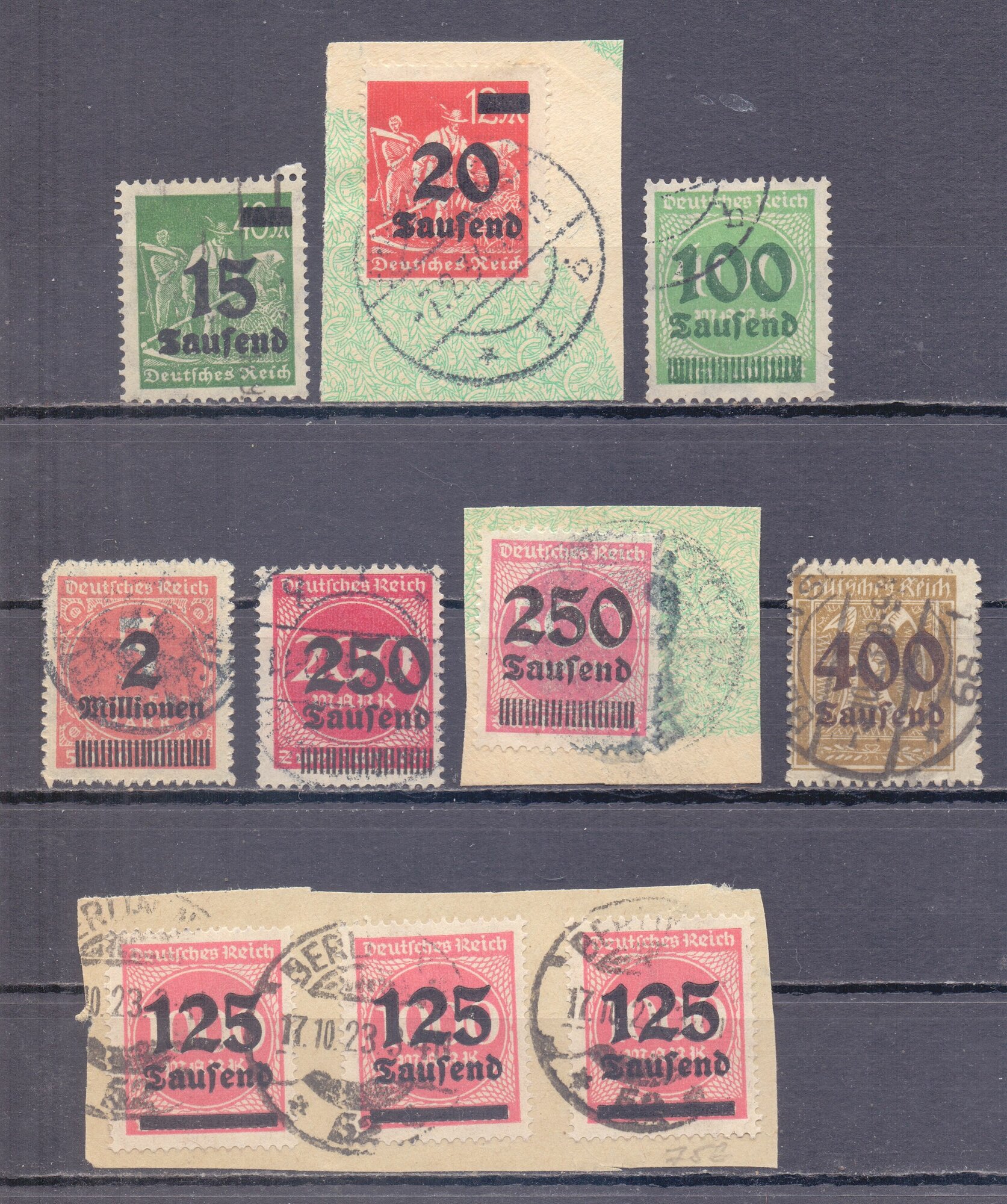 Почтовые марки Германская Империя Рейх, Стандарт 1923 год. Редкие, гашеные на вырезке - 10 штук.