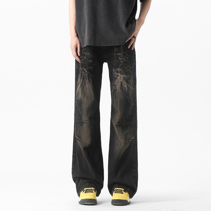 Мужские джинсы Чистый цвет Лето американский vibe стиль контрастный цвет свободный прямой брюки