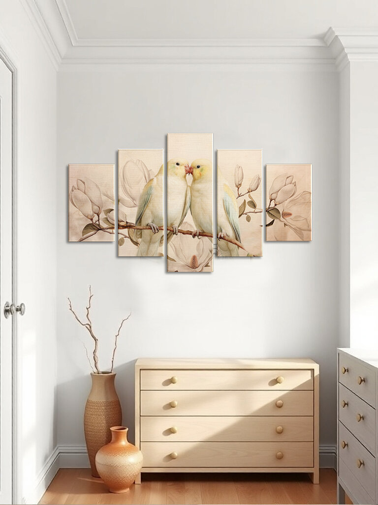 Картина модульная 150х90 см на стекле для интерьера/ Влюбленные попугайчики, Diva Kartina