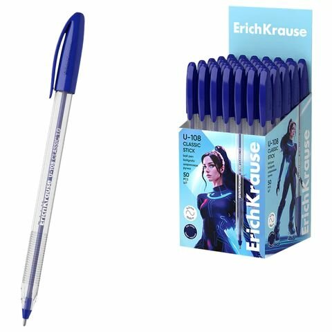 50 шт. Ручка шариковая ERICH KRAUSE "U-108 Stick Classic", синяя, узел 1 мм, линия 0,3 мм, 47564
