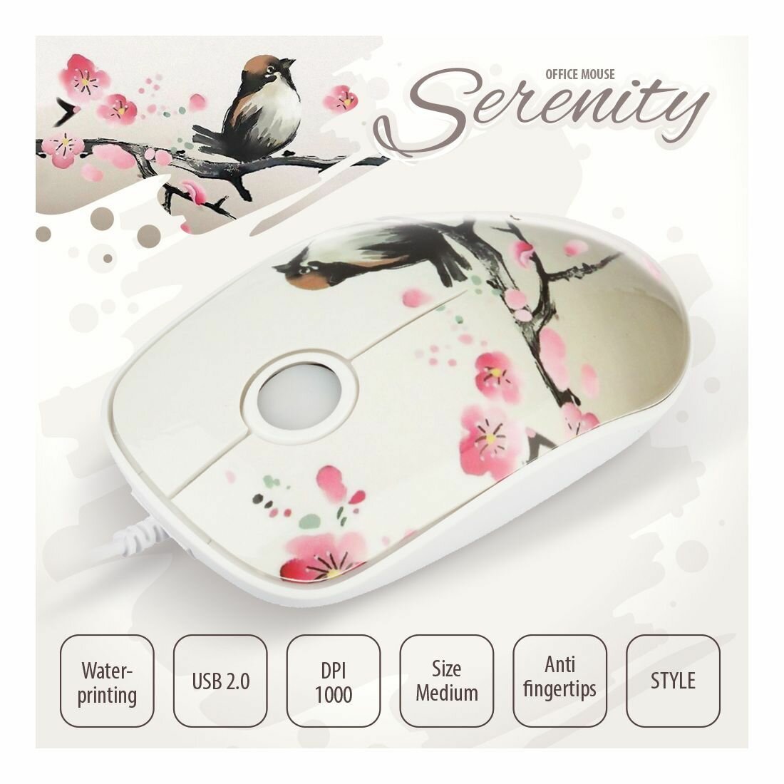 Мышь компьютерная Qumo Office M43 Serenity, проводная, оптическая, голубая подсветка, 3 кноп, 1000 dpi, waterprinting