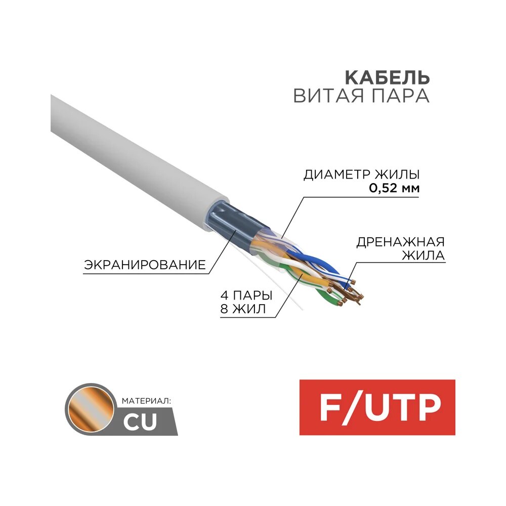 Кабель витая пара REXANT F/UTP CAT5e PVC 4x2х0,52 мм 24AWG внутренний однопроволочный серый 305 м 02-0025