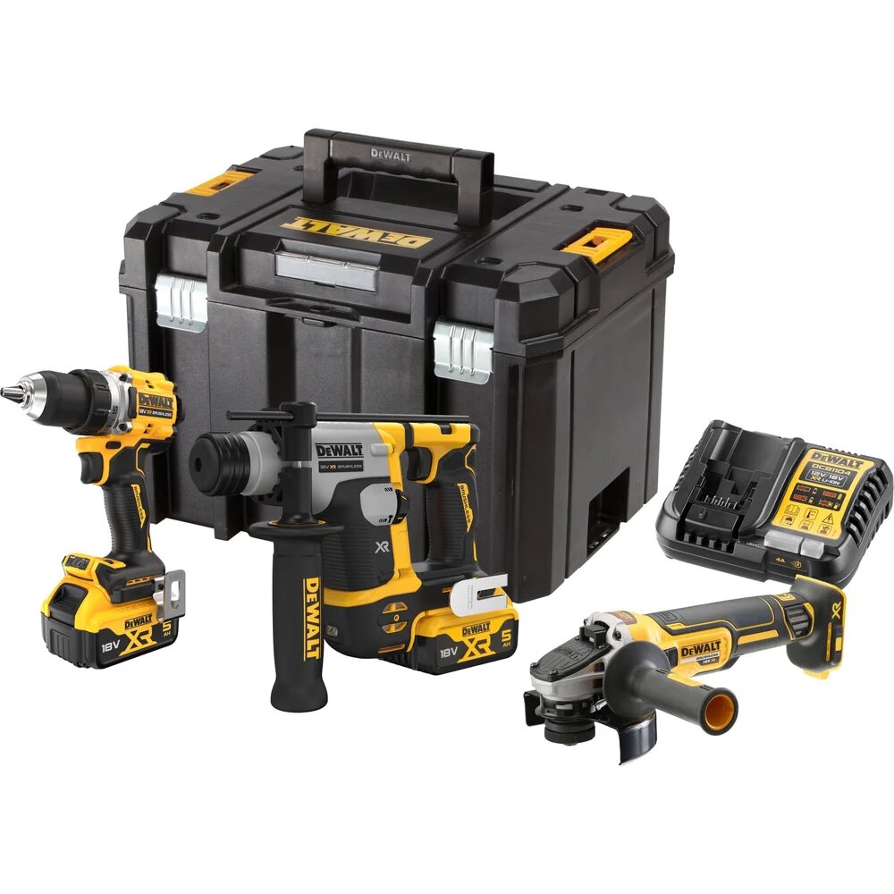 Аккумуляторный набор Dewalt DCK355P2T: дрель-шуруповерт DCD800 + перфоратор DCH172 + УШМ DCG405, 2 АКБ 5 Ач и ЗУ, в кейсе TSTAK DCK355P2T-QW
