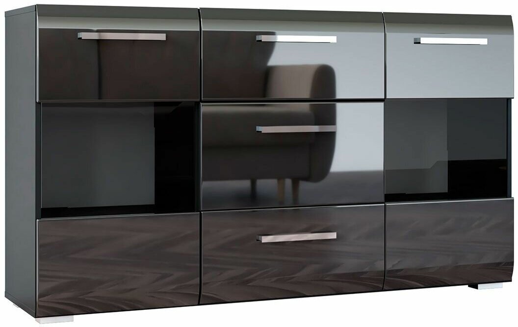 Домино- Комод- 2 двери, 3 ящика, со стеклом - Чёрный глянец