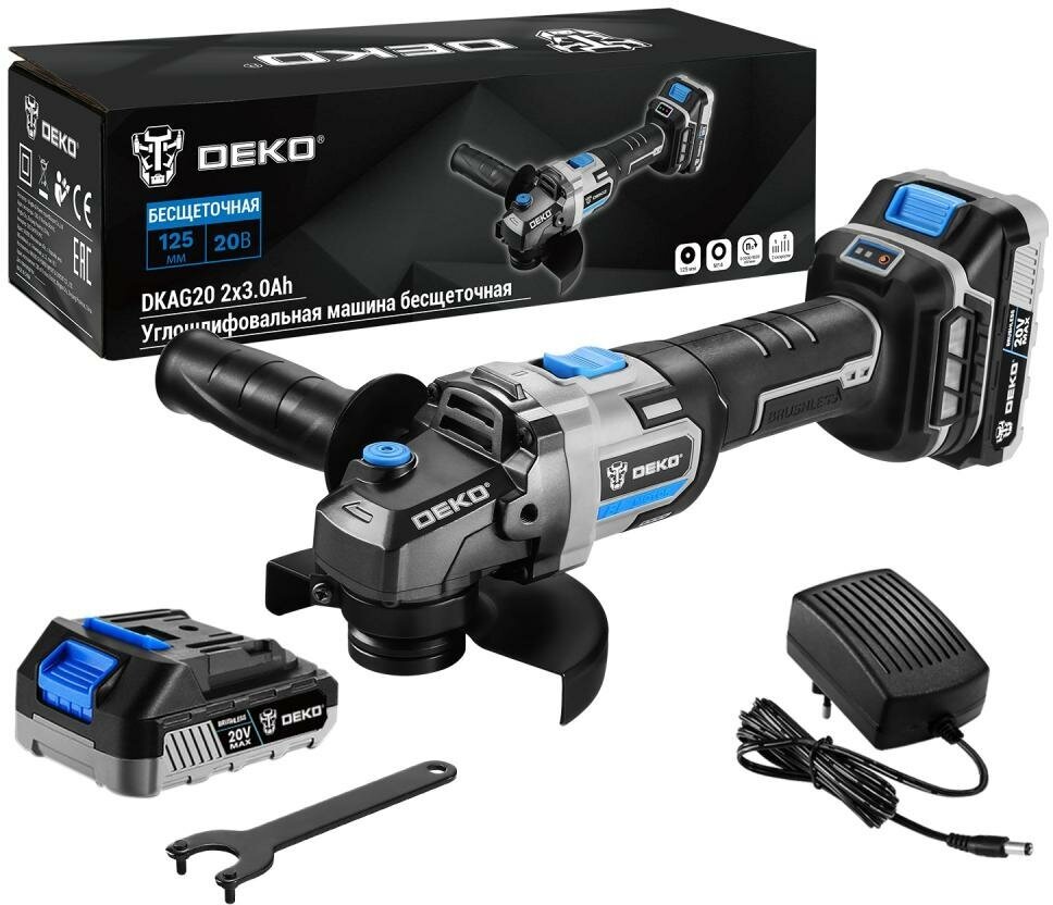 Углошлифовальная машина бесщеточная DEKO DKAG20, 20В, 2*3.0Ач 063-4027