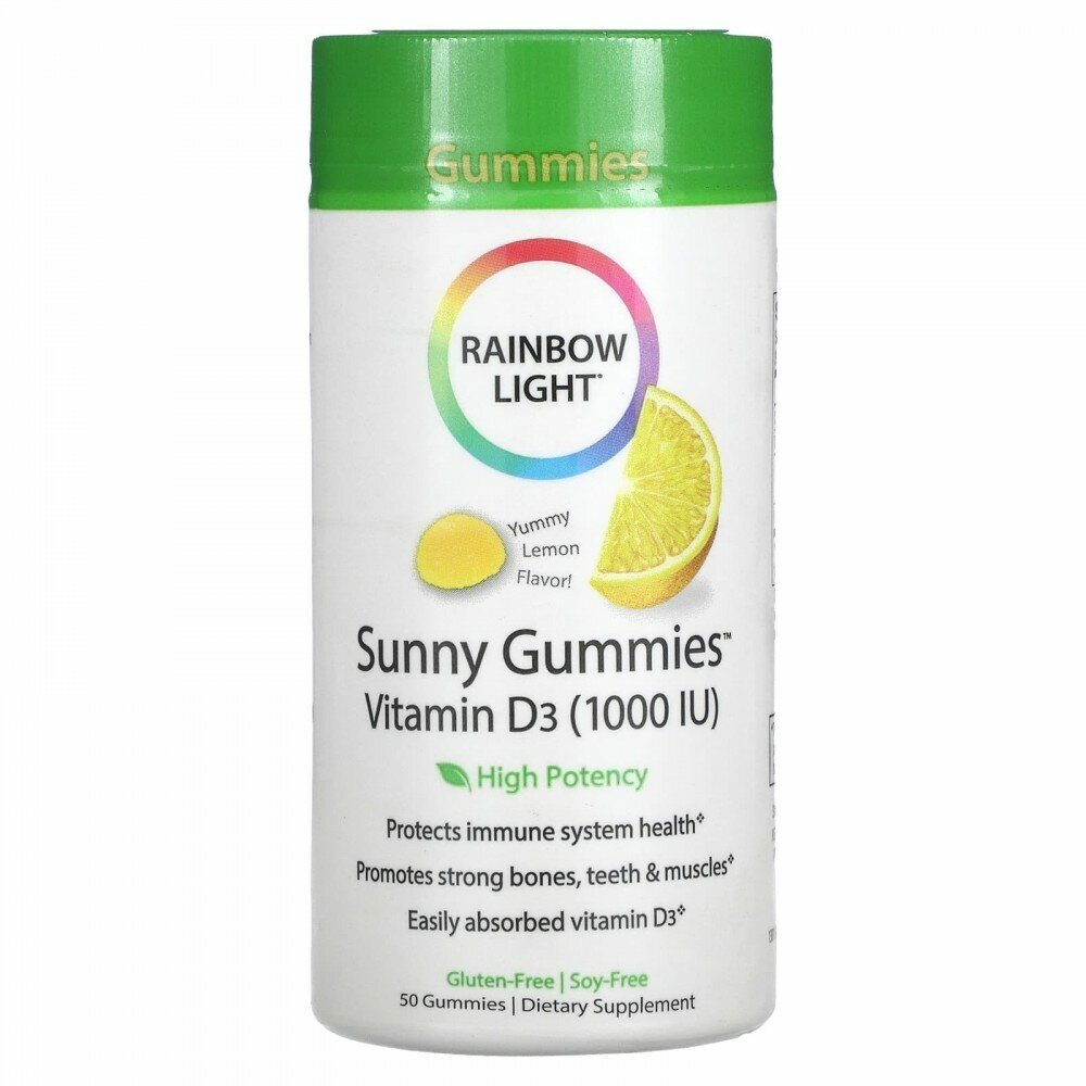 Rainbow Light, Sunny Gummies ™, витамин D3, вкусный лимон, 25 мкг (1000 МЕ), 50 жевательных таблеток