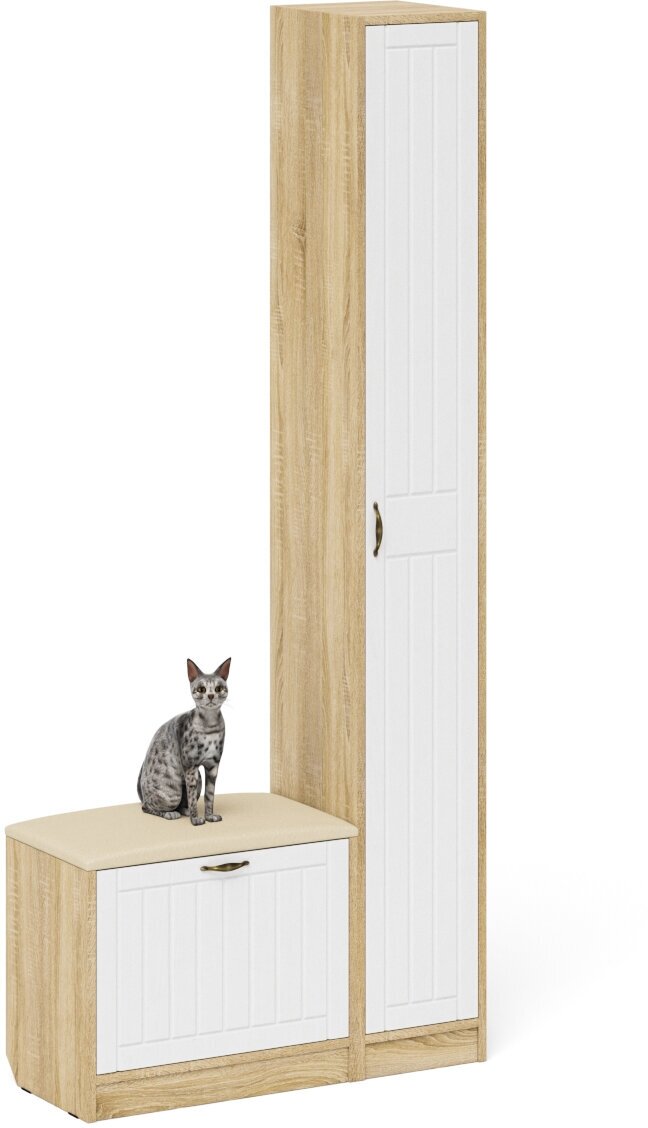 Обувница с мягким сиденьем и пеналом П-6, цвет дуб сонома/фасады МДФ белое дерево фрезеровка прованс 90х35х210 см.