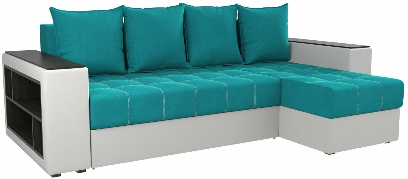 Угловой Диван Дубай М, Велюр, Светло-бирюзовый/Экокожа Белый, Угол правый, Ящик для белья 258 х160 х80 см