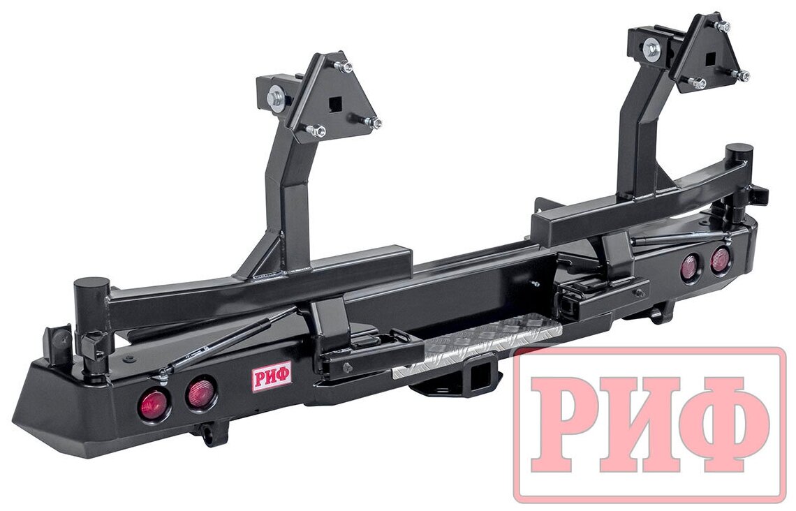 Бампер РИФ силовой задний Isuzu D-MAX (2012-2020) с квадратом под фаркоп, 2-мя калитками, фонарями, подсветкой номера, стандарт