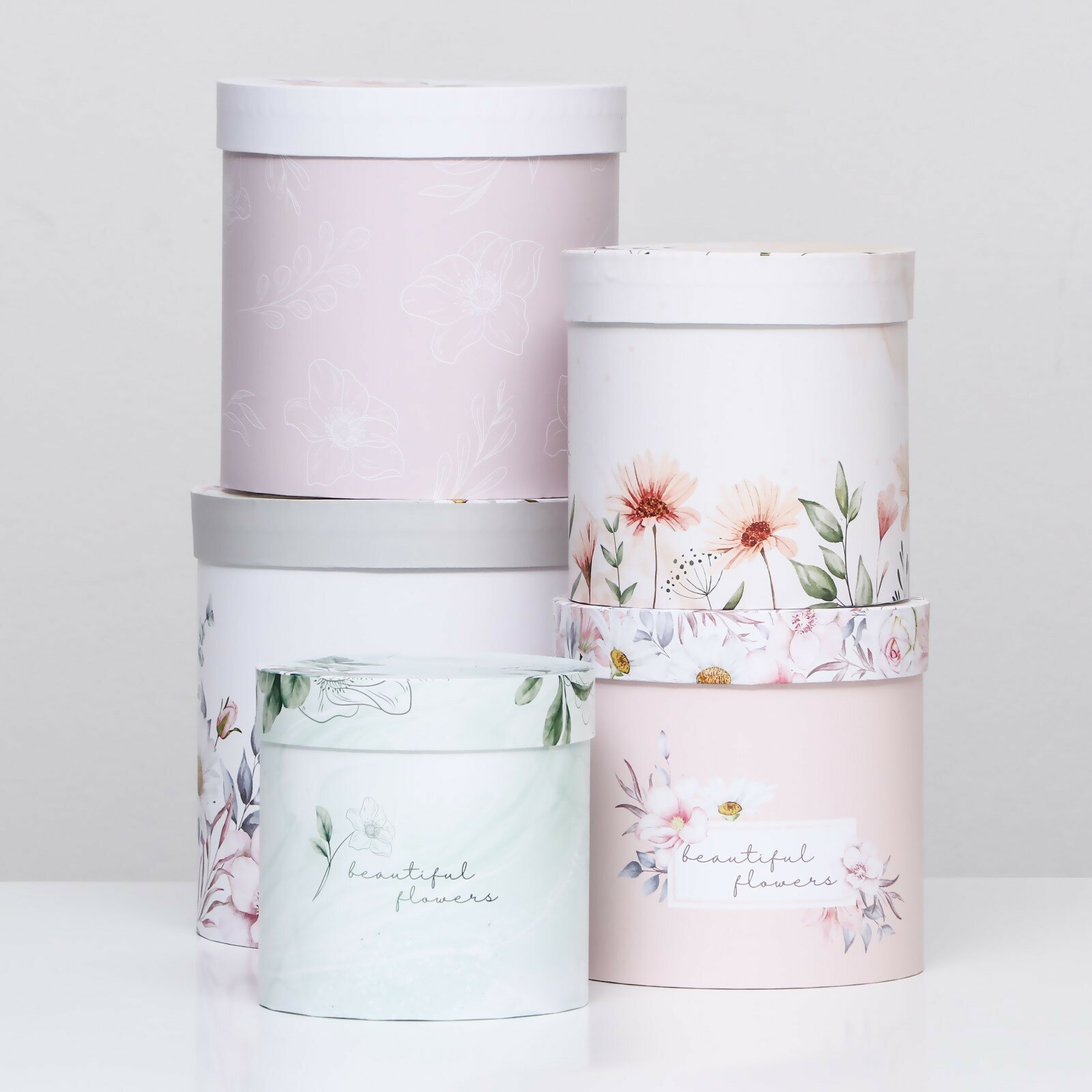 Набор шляпных коробок 5в1 "Цветочный", 20 × 20 × 20‒14 × 14 х 14 см, 9517210