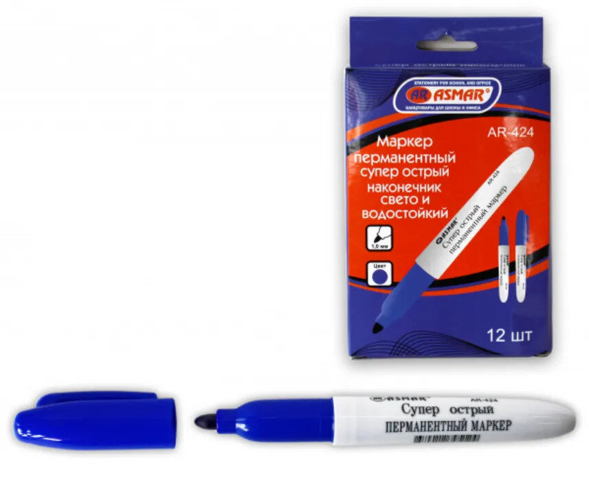 Набор перманентных маркеров, острый наконечник, 12 шт, цвет синий