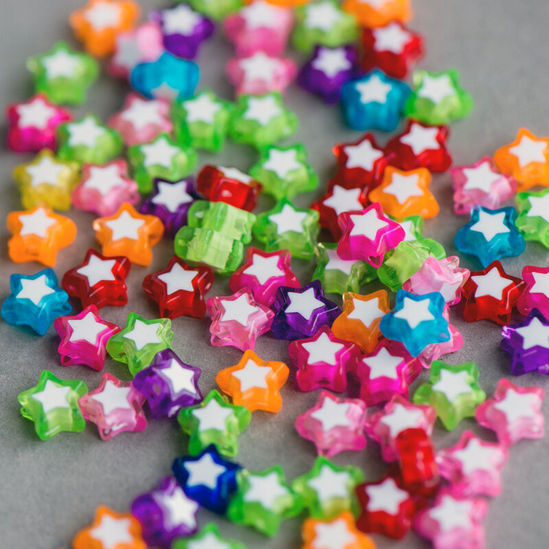 Бусины звезды звездочки акриловые/пластиковые 75 шт, размер 10x9x4 мм, разные цвета в упаковке