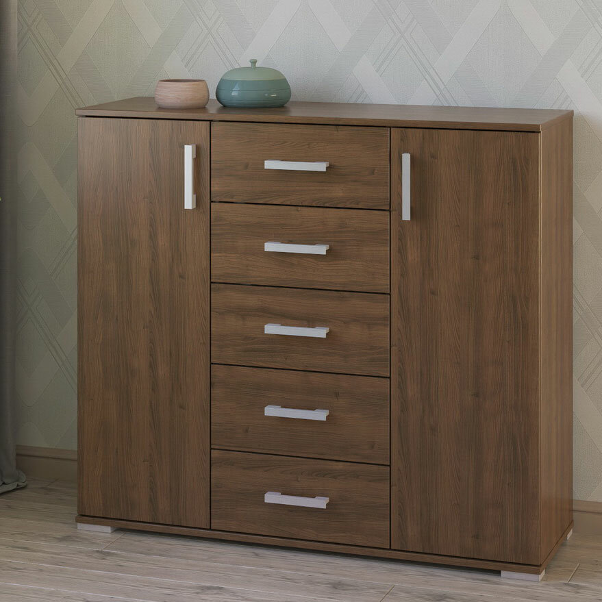 Широкий комод с 5 ящиками и 2 дверьми МагМебель 45 Орех