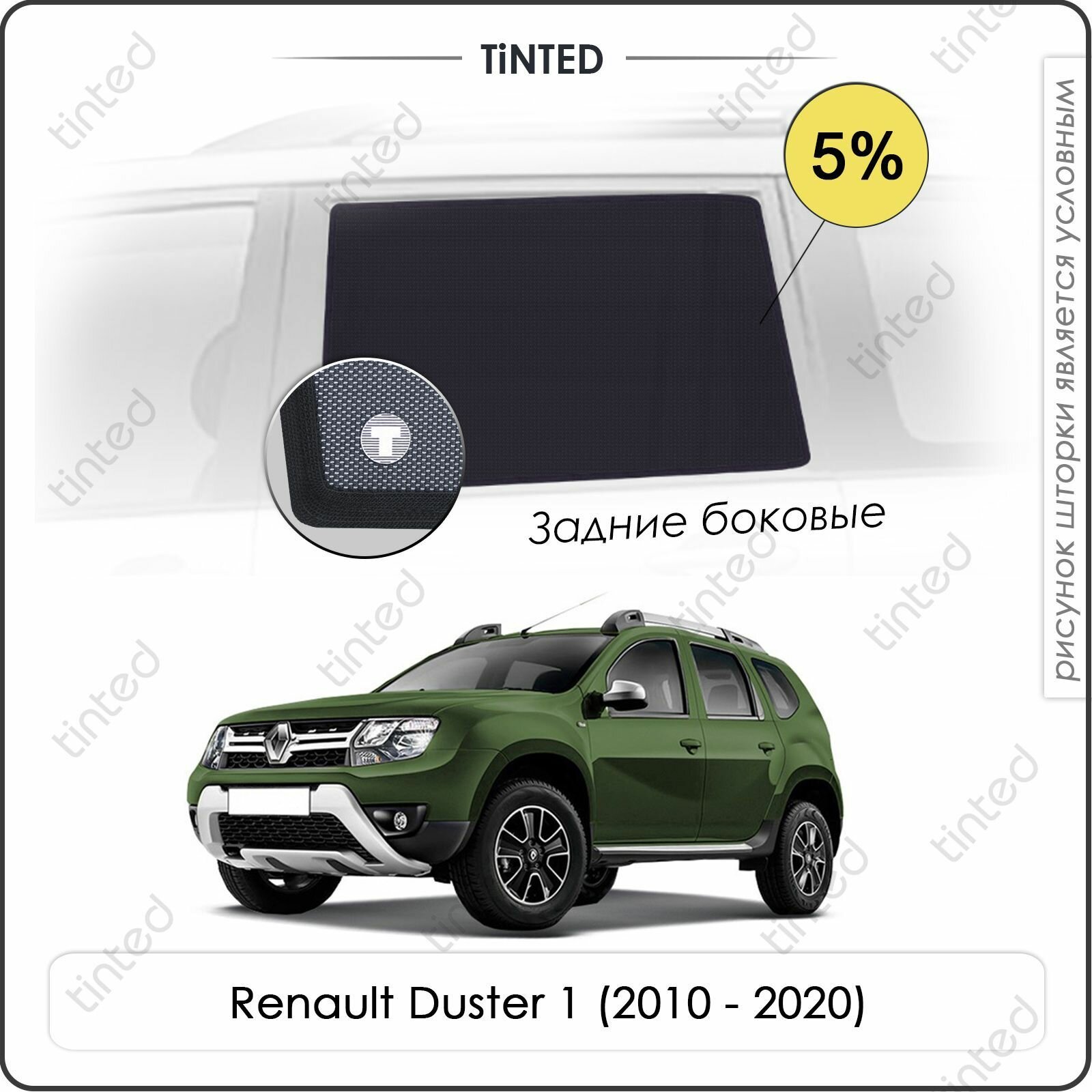 Шторки на автомобиль солнцезащитные Renault Duster 1 Кроссовер 5дв. (2010 - 2020) на задние двери 5%, сетки от солнца в машину рено дастер, Каркасные автошторки Premium
